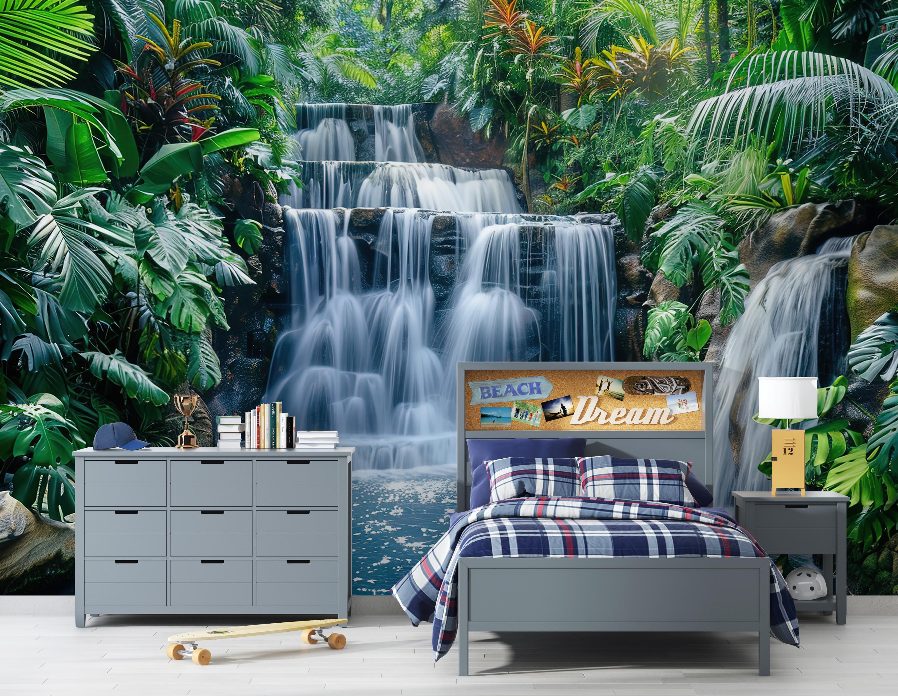 Tropical Waterfall Vinyl Mural Wallpaper Peel and Stick Jungle Nature ...