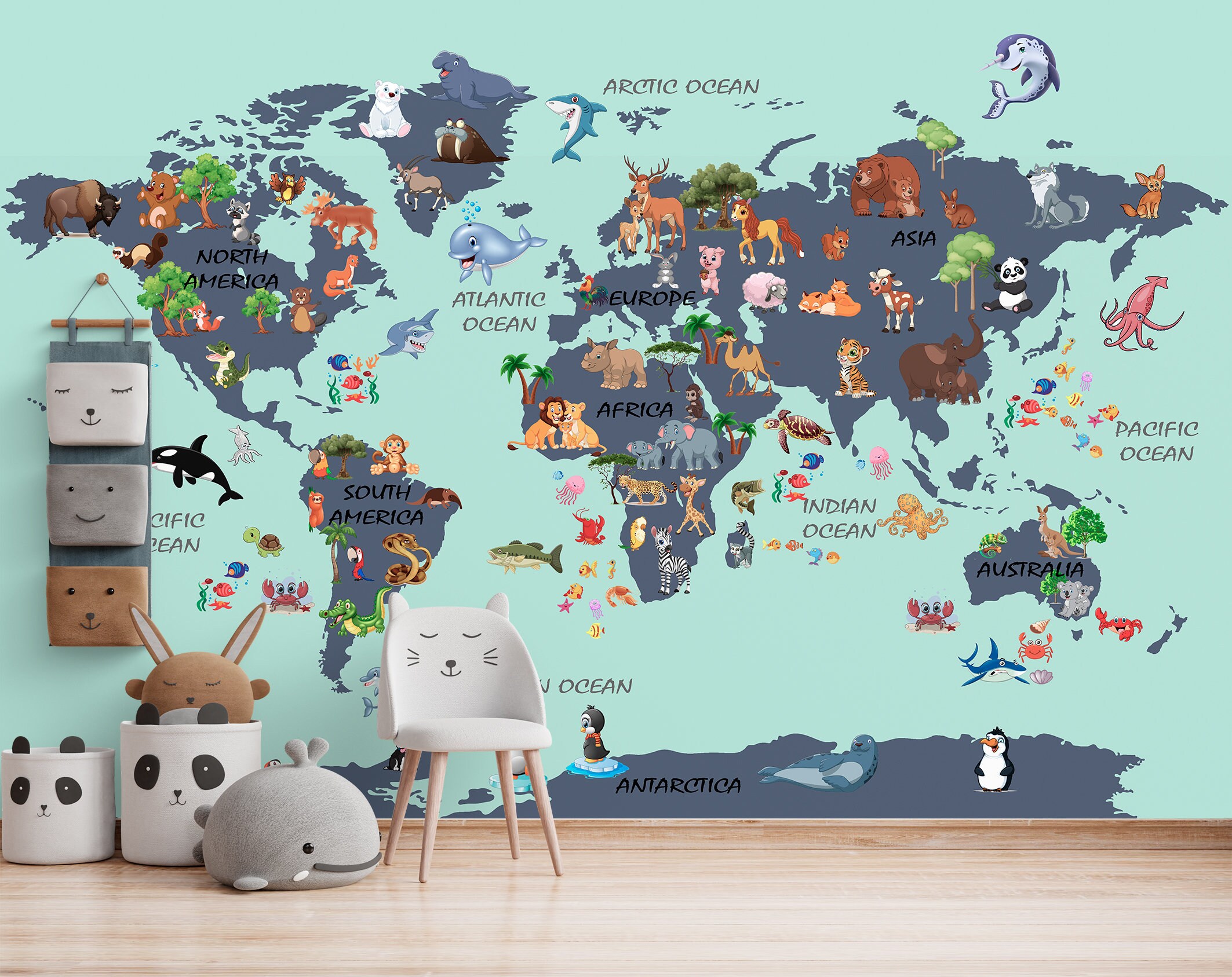 Nursery World Map Baby Room Wallpaper Kids Print Peel and - Etsy