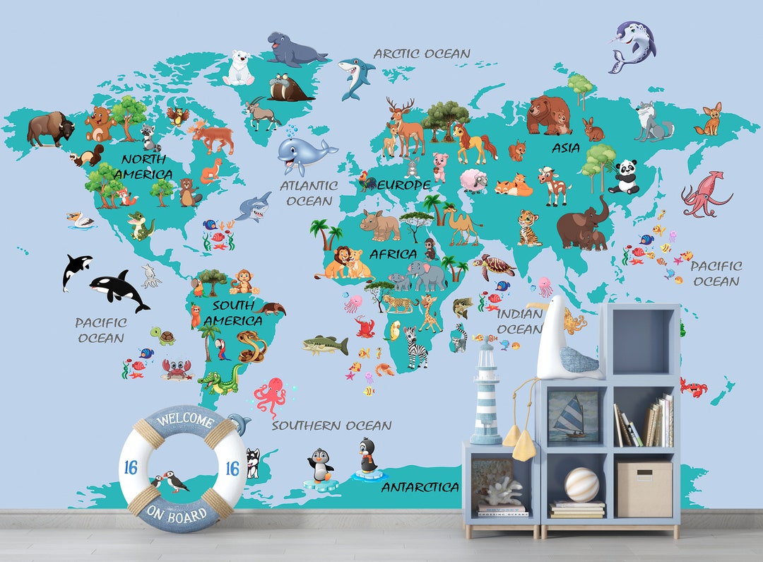 Nursery World Map Green Gray Wallpaper Kids Print Peel and Stick ...