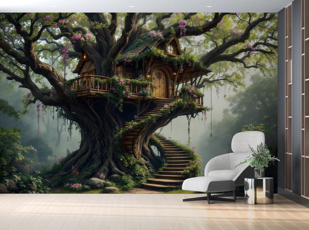 Fairytale Treehouse Wallpaper Mural, Botanical Forest Peel and Stick - Etsy