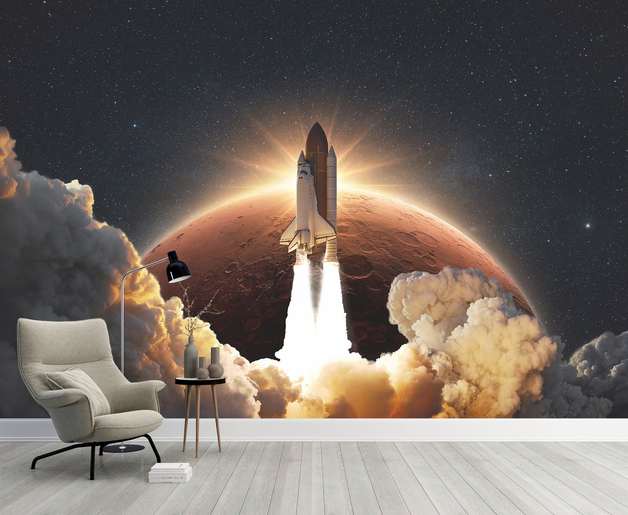 Rocket Mural Print Peel and Stick Planet Mars Stars in Space Wall Decor ...