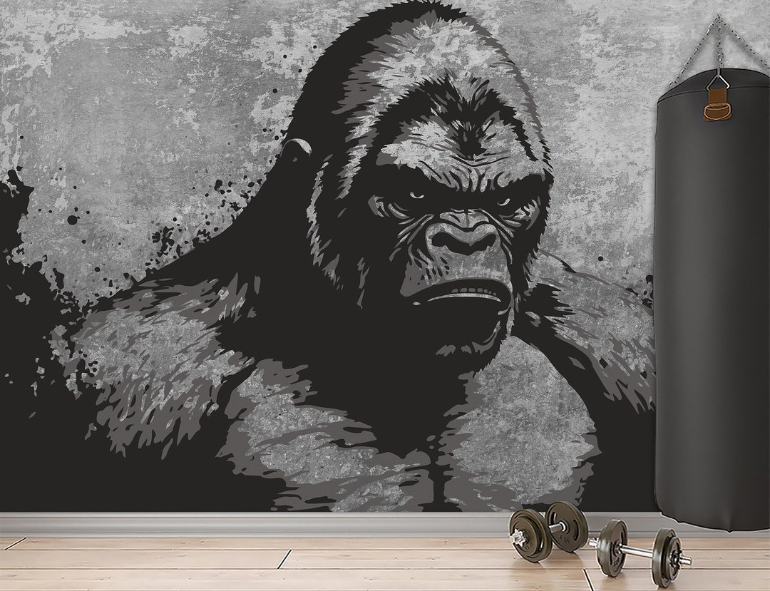 Dark Gorilla Graffiti Wallpaper Gym Mural Vinyl Graffiti on Gray ...
