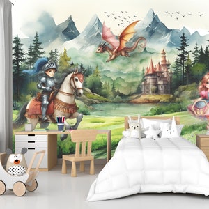 Princess Castle Mural Vinyl Wallpaper Kids Knight and Dragon Wall Mural ...