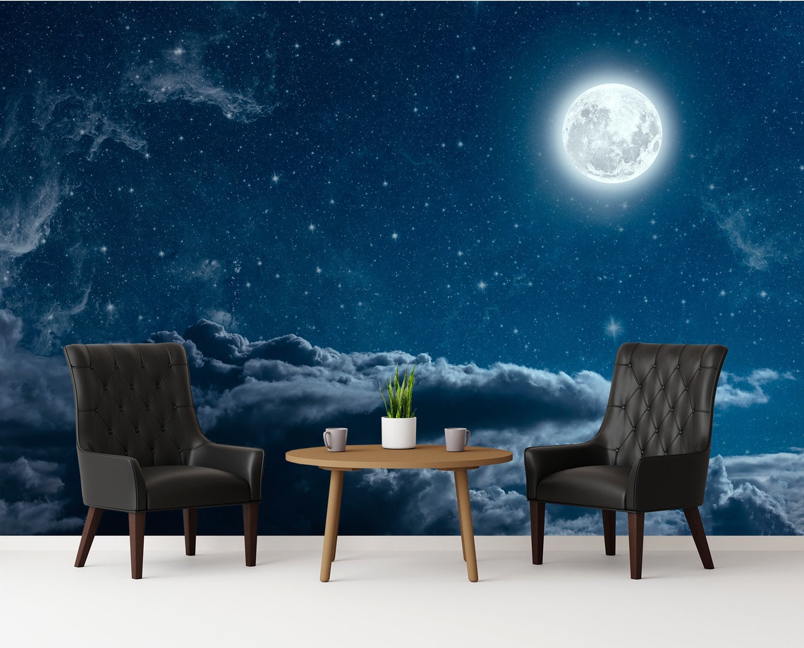 Wall Mural Night Sky With Stars and Clouds Wallpaper Peel and - Etsy