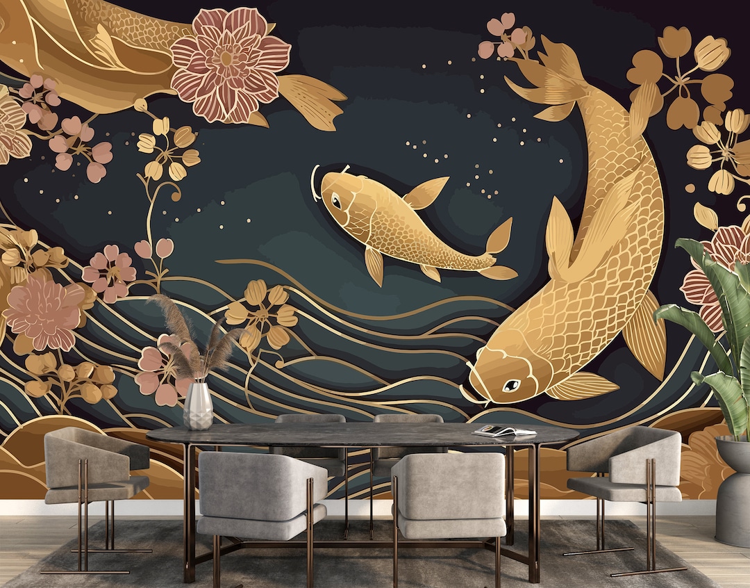 Koi Fish Wallpaper Mural, Japanese Floral Art (peel and Stick) - Etsy