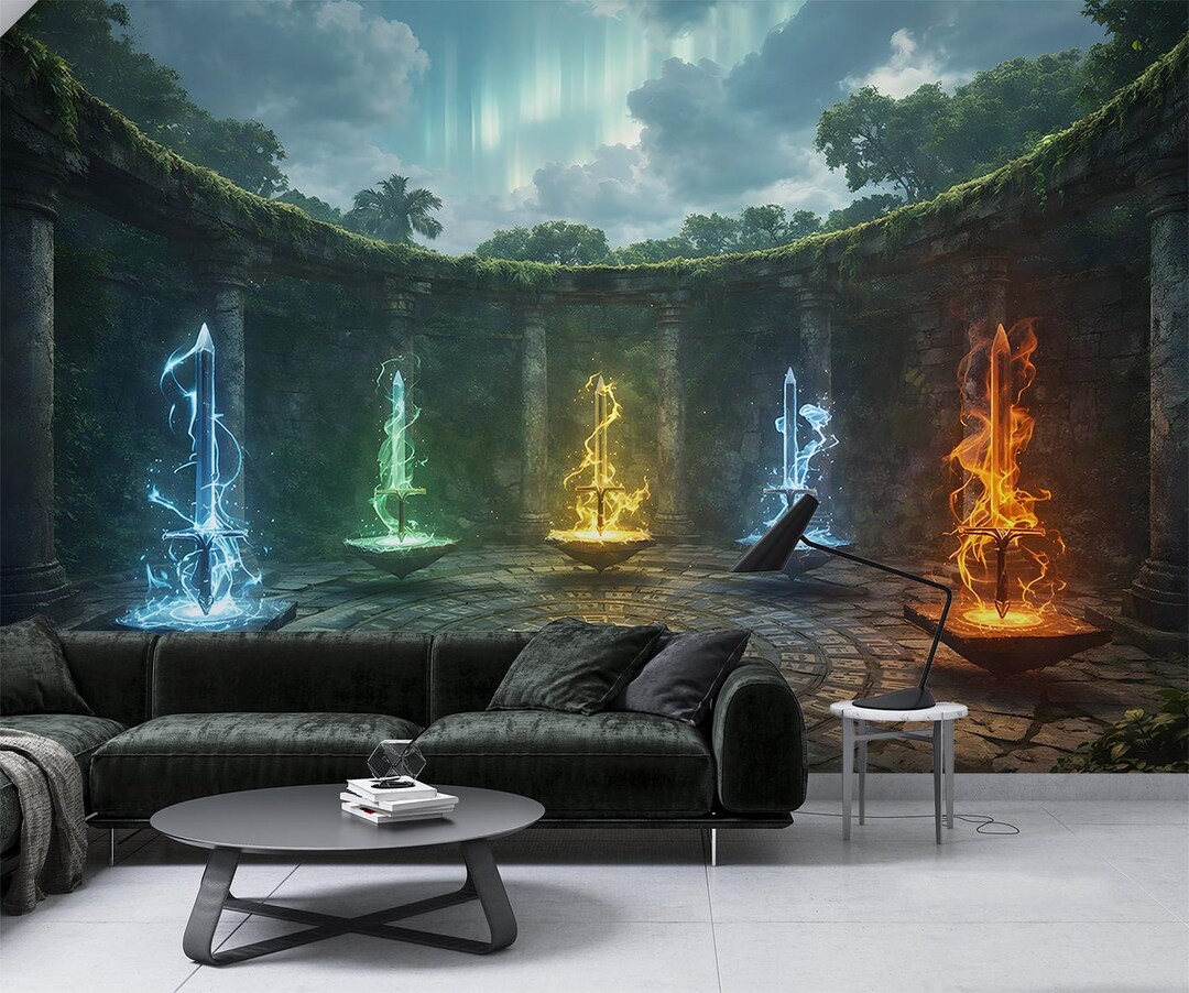 Fantasy Elemental Swords Non-woven Mural Magic Fire Ice Energy Blades ...