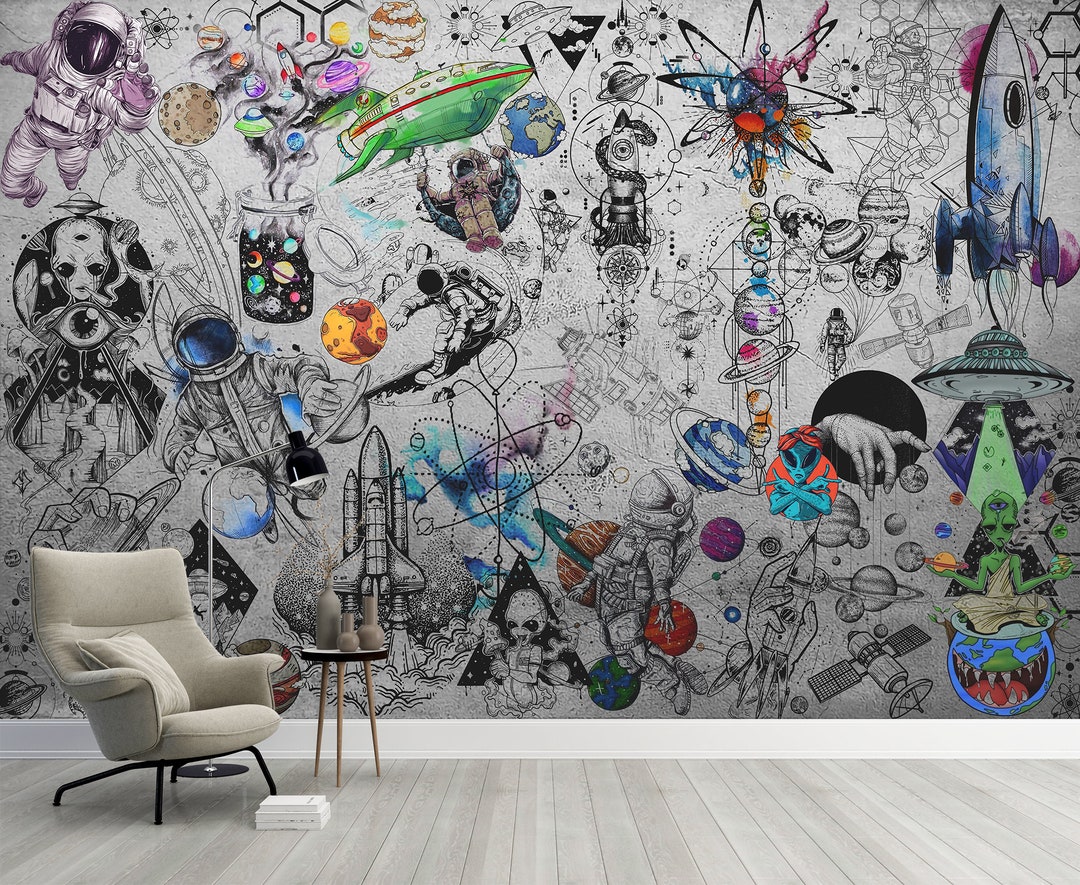 Funky Aliens Mural Space Graffiti Wallpaper Peel and Stick Cosmic ...
