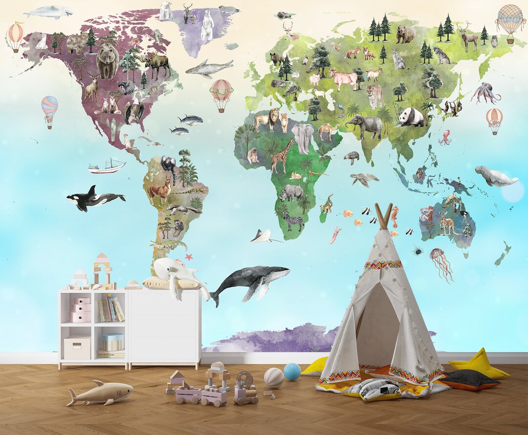 Nursery World Map Baby Wallpaper Kids Room Print Peel and Stick Nursery ...