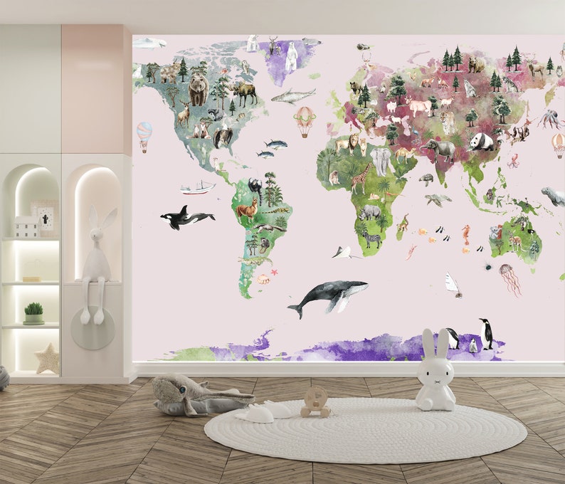 Nursery World Map Baby Room Wallpaper Kids Print Peel and - Etsy