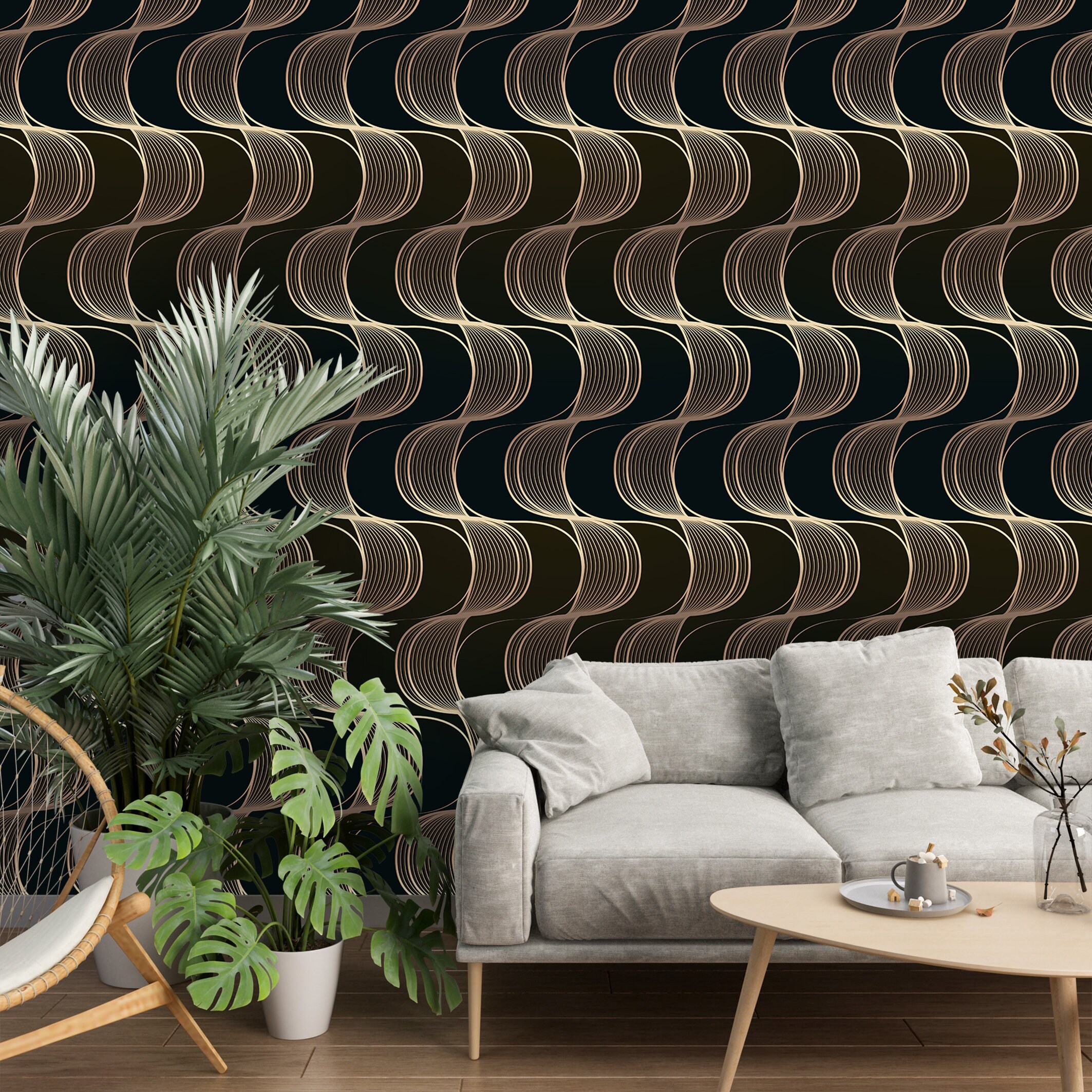 Abstract Waves Vinyl Wallpaper Abstract Waves on Black Background Wall ...