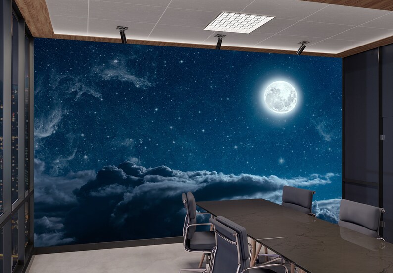 Night Sky Wall Mural: Moon, Stars, Clouds - Peel and Stick Wallpaper - Etsy