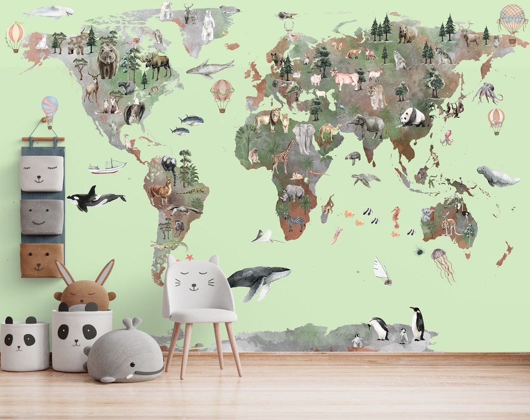 Nursery World Map Mural Baby Room Green Wallpaper Kids Print - Etsy