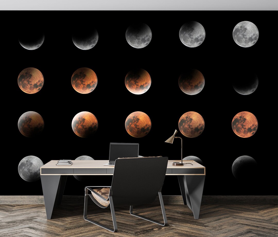 Lunar Wallpaper Eclipse Phases Mural Modern Moon Black Luxery Mural ...