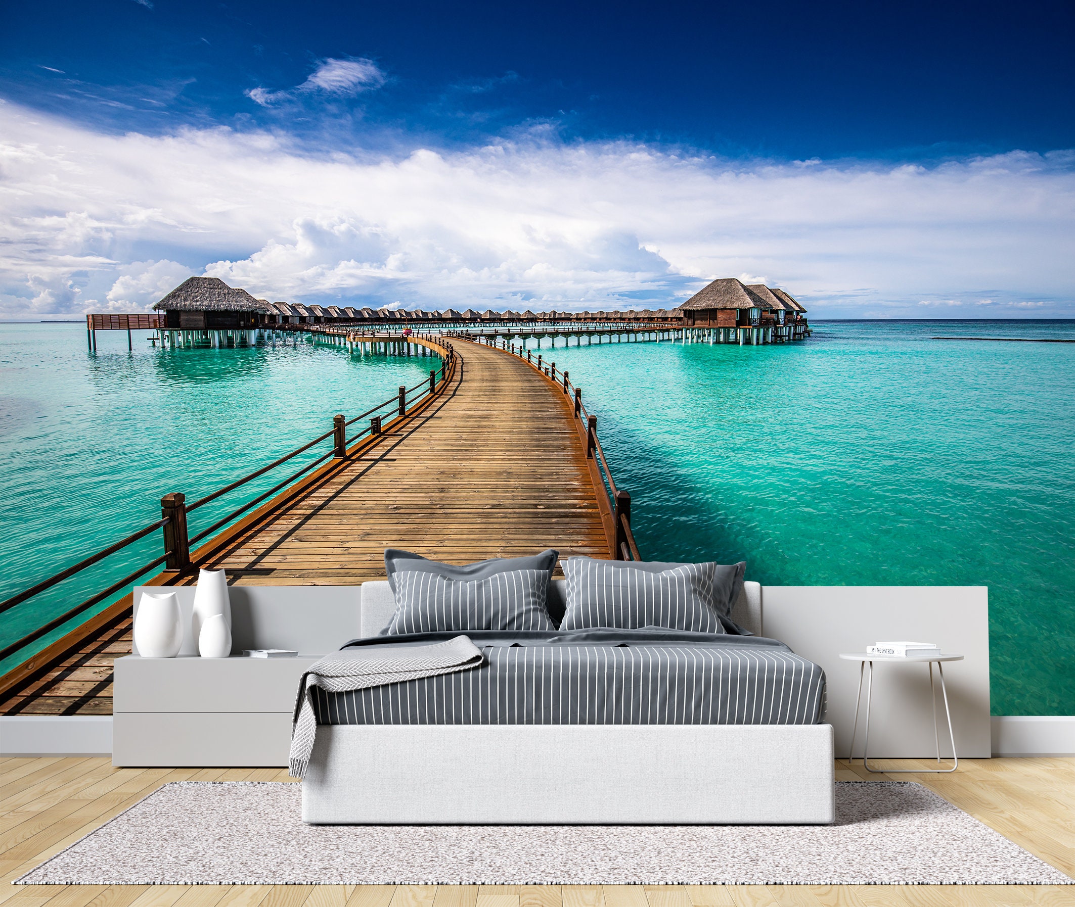 Water Villas Resort Mural Wooden Pier Beautiful Sky and Ocean Lagoon ...