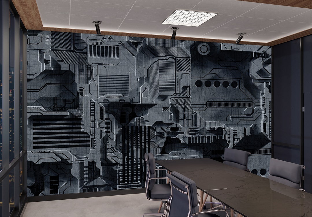 Techno Wall Background Wallpaper Mural Peel and Stick Armored Futuristic Cyber Gate Metal Wall ...