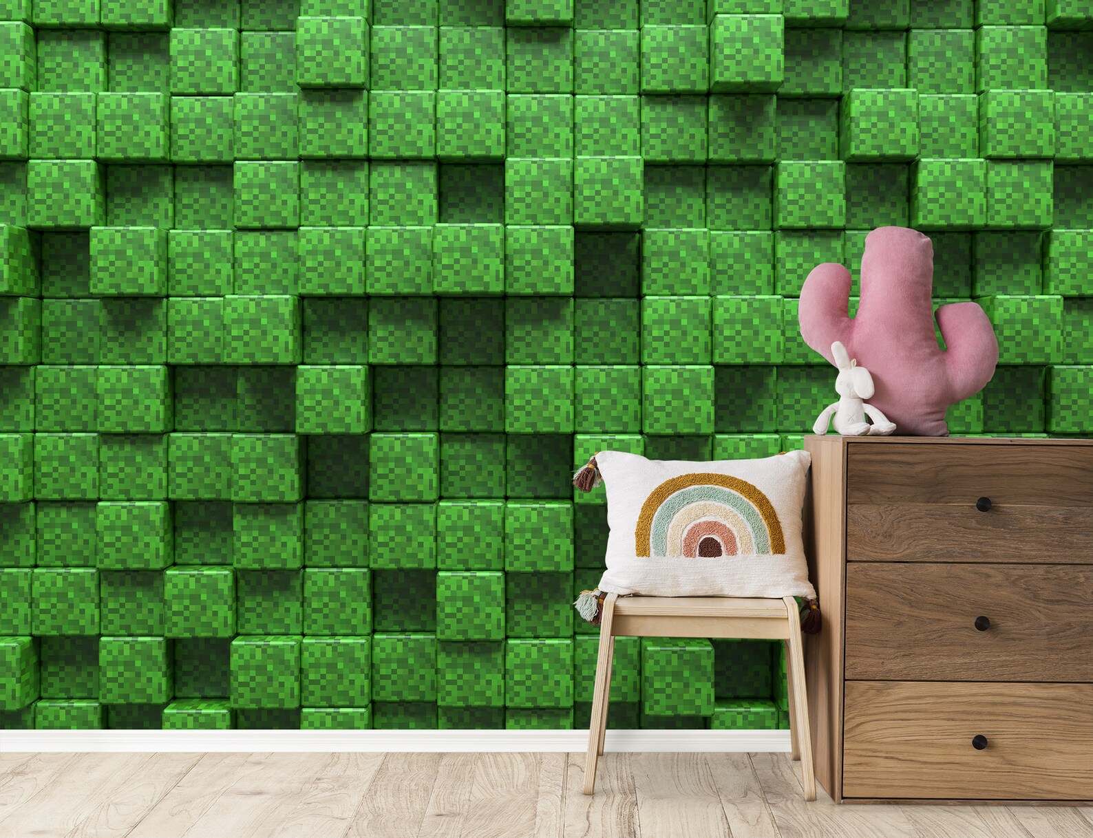 Pixel Gaming Wallpaper Print Peel and Stick Green Cubes Playroom Wall ...
