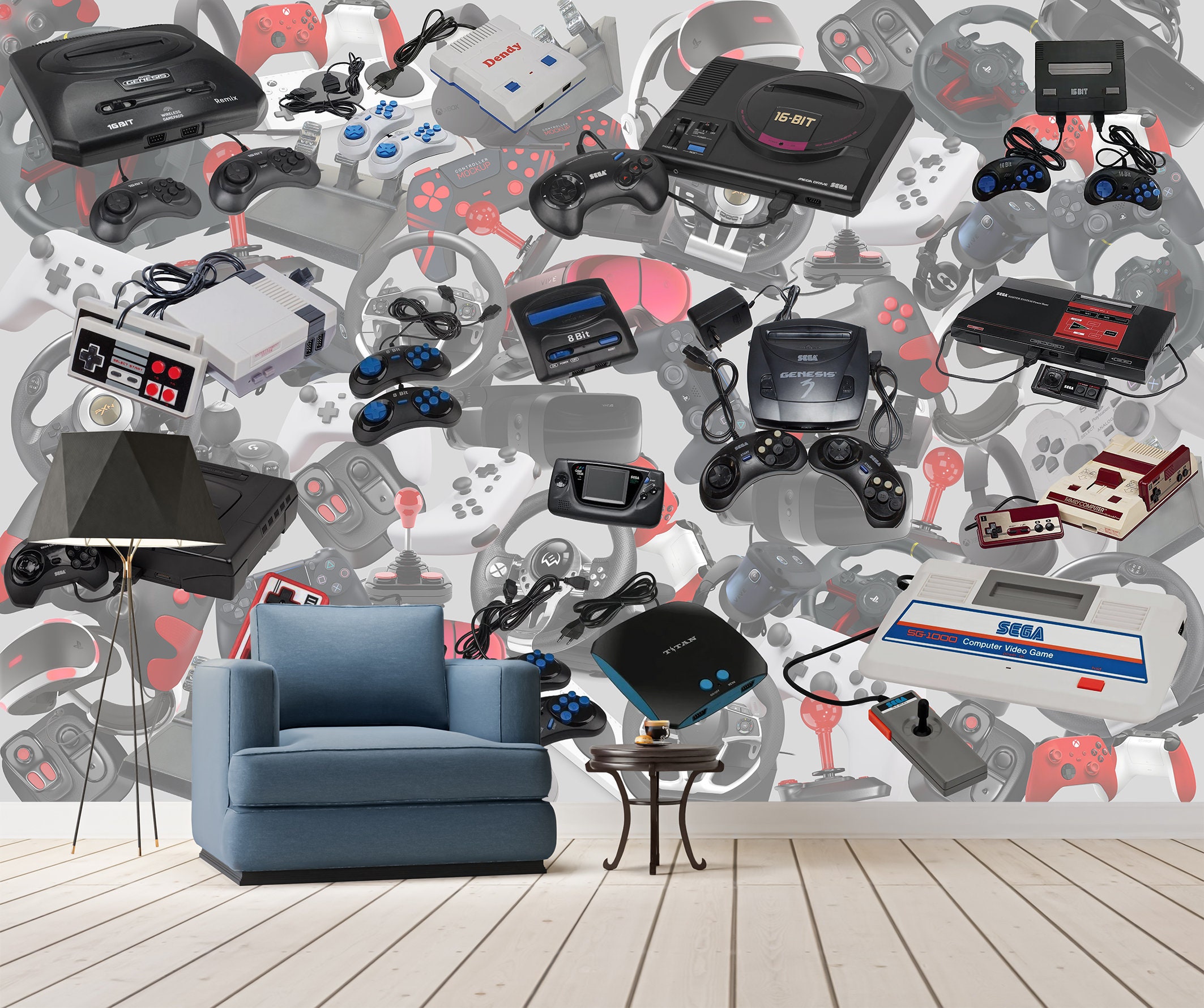 Gamers Collage Wallpaper Peel and Stick Vintage Old Consoles Wall Mural ...