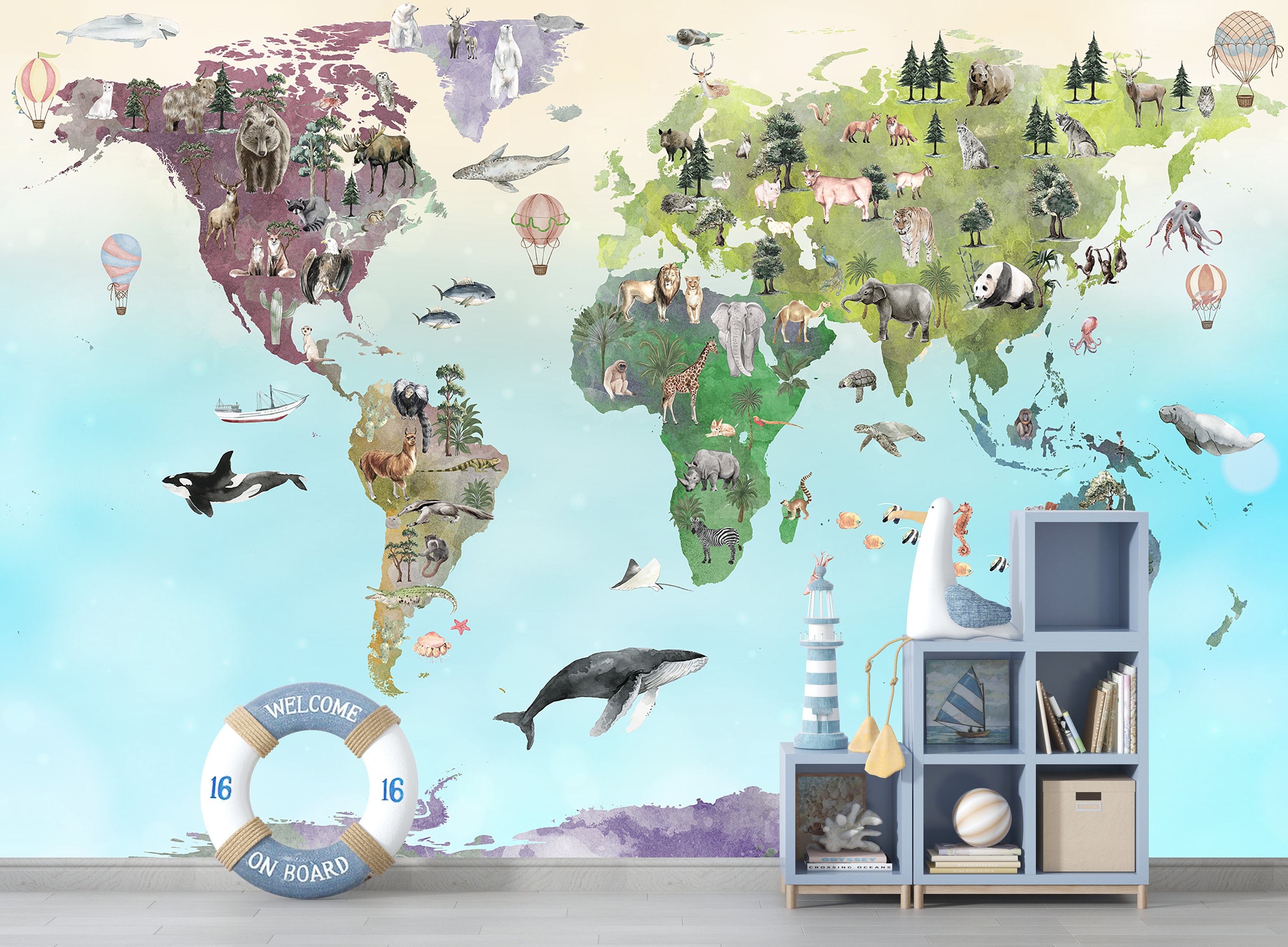 Nursery World Map Baby Wallpaper Kids Room Print Peel and Stick Nursery ...