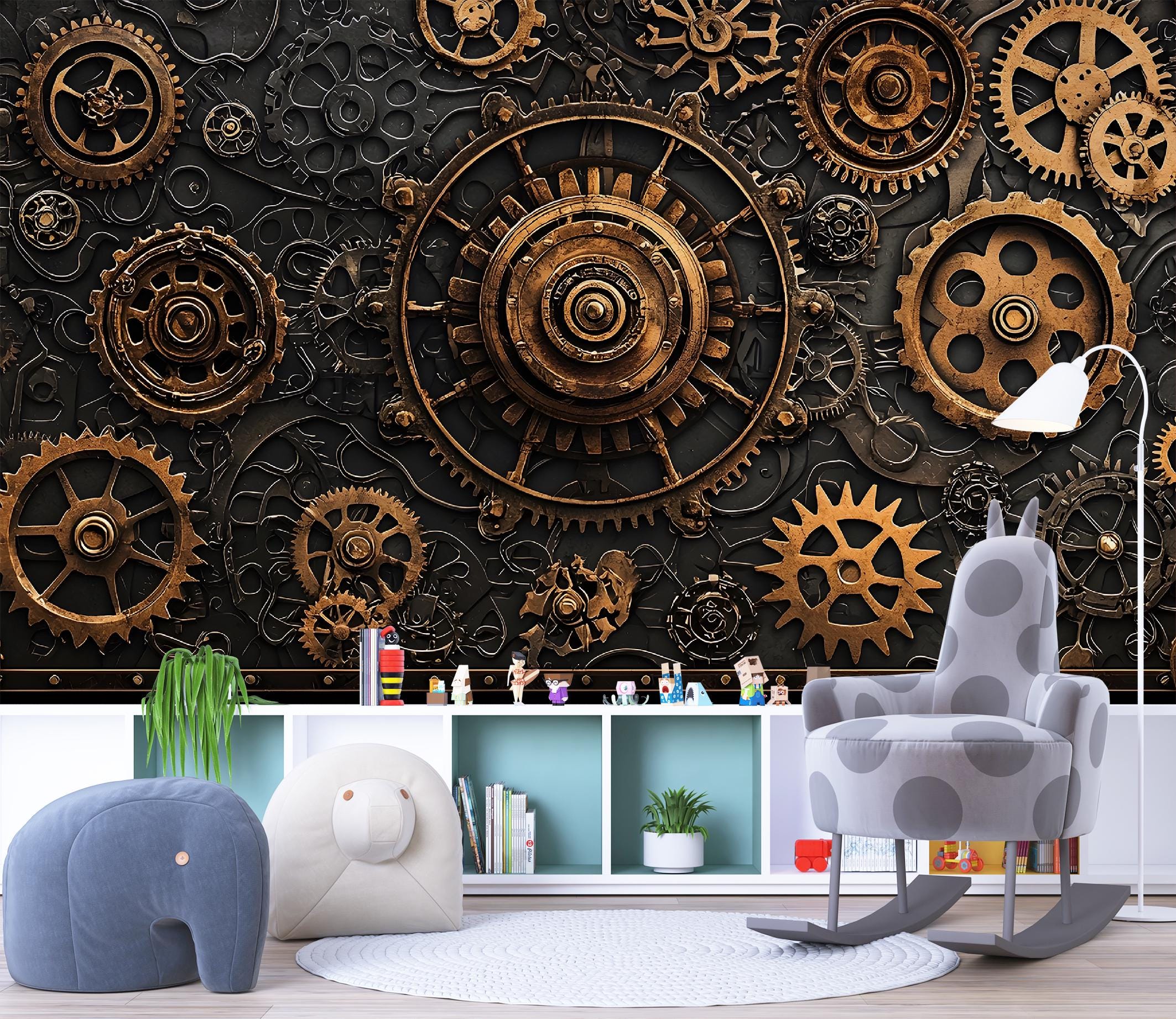 Steampunk Gear Wallpaper Mural Peel & Stick Industrial Metal Cogs Wall ...