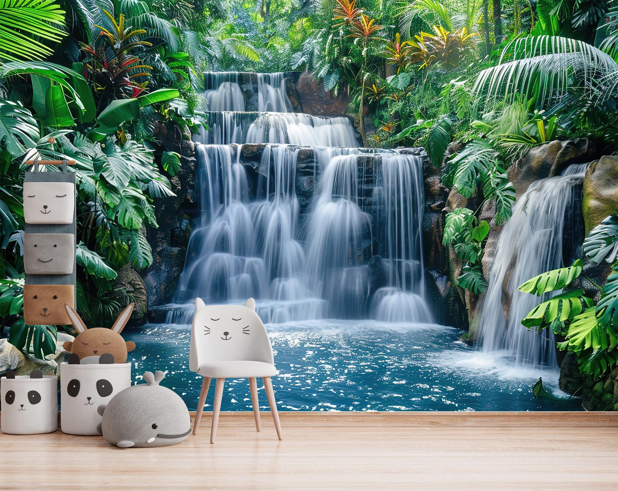 Tropical Waterfall Vinyl Mural Wallpaper Peel and Stick Jungle Nature ...