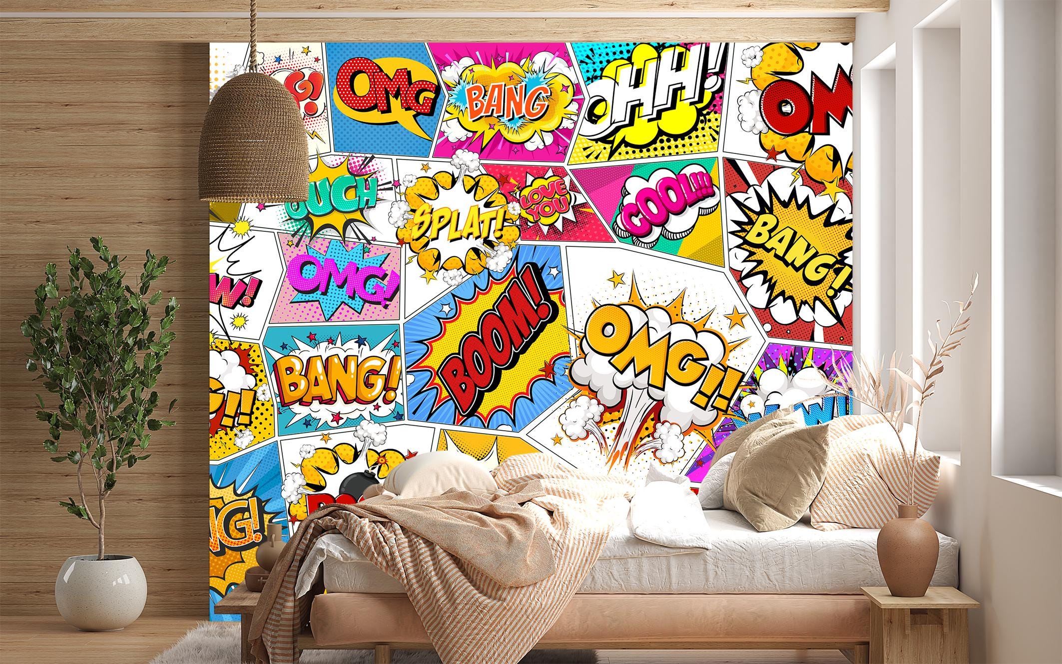 Pop Art Comic Wallpaper Colorful Boom Bang Wow Wall Mural Removable Peel and Stick Vinyl ...