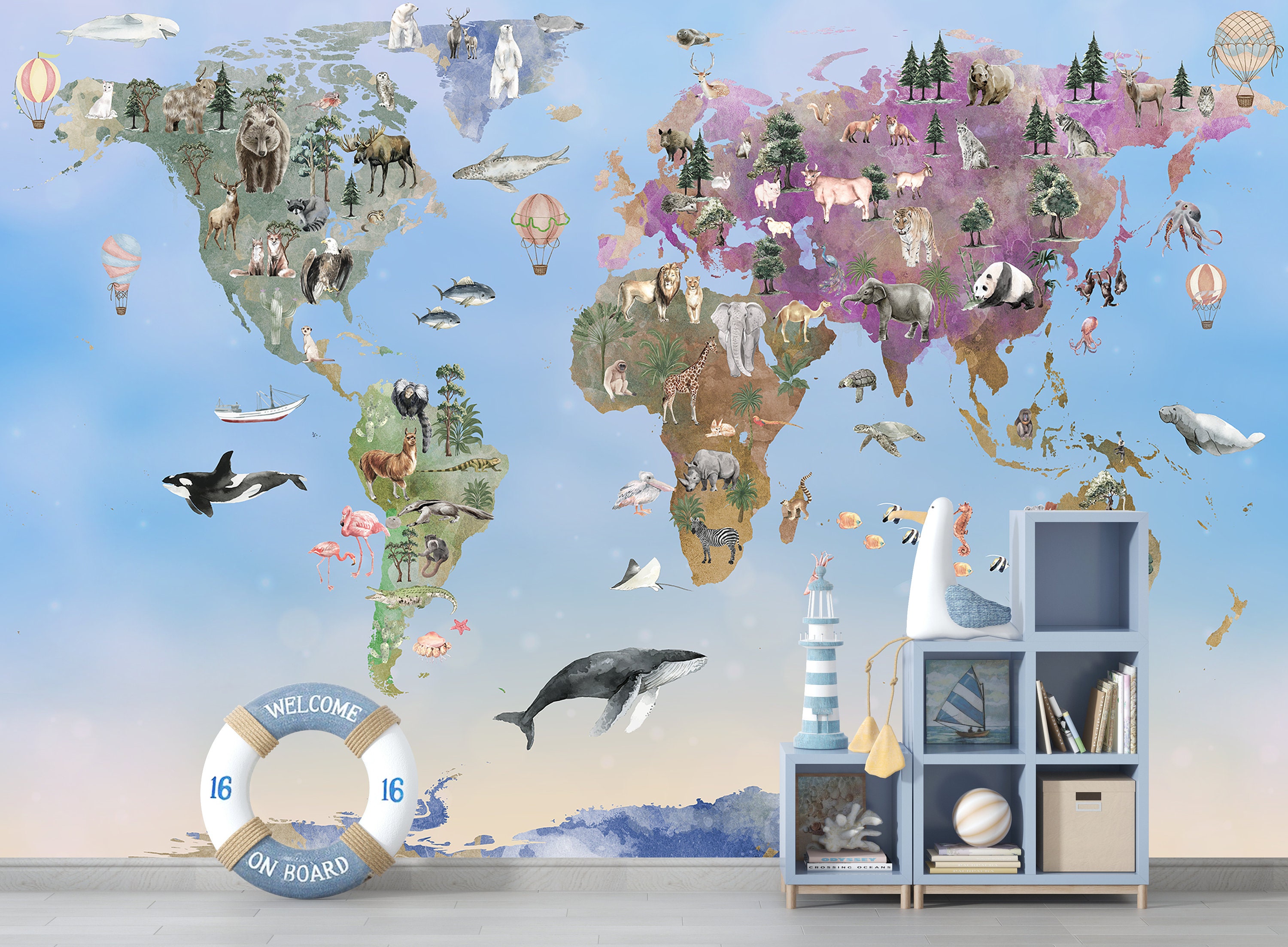 Nursery World Map Baby Wallpaper Kids Room Print Peel and Stick Nursery ...