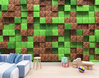 Pixel Gaming Wallpaper Print Peel and Stick Green Cubes Playroom Wall ...
