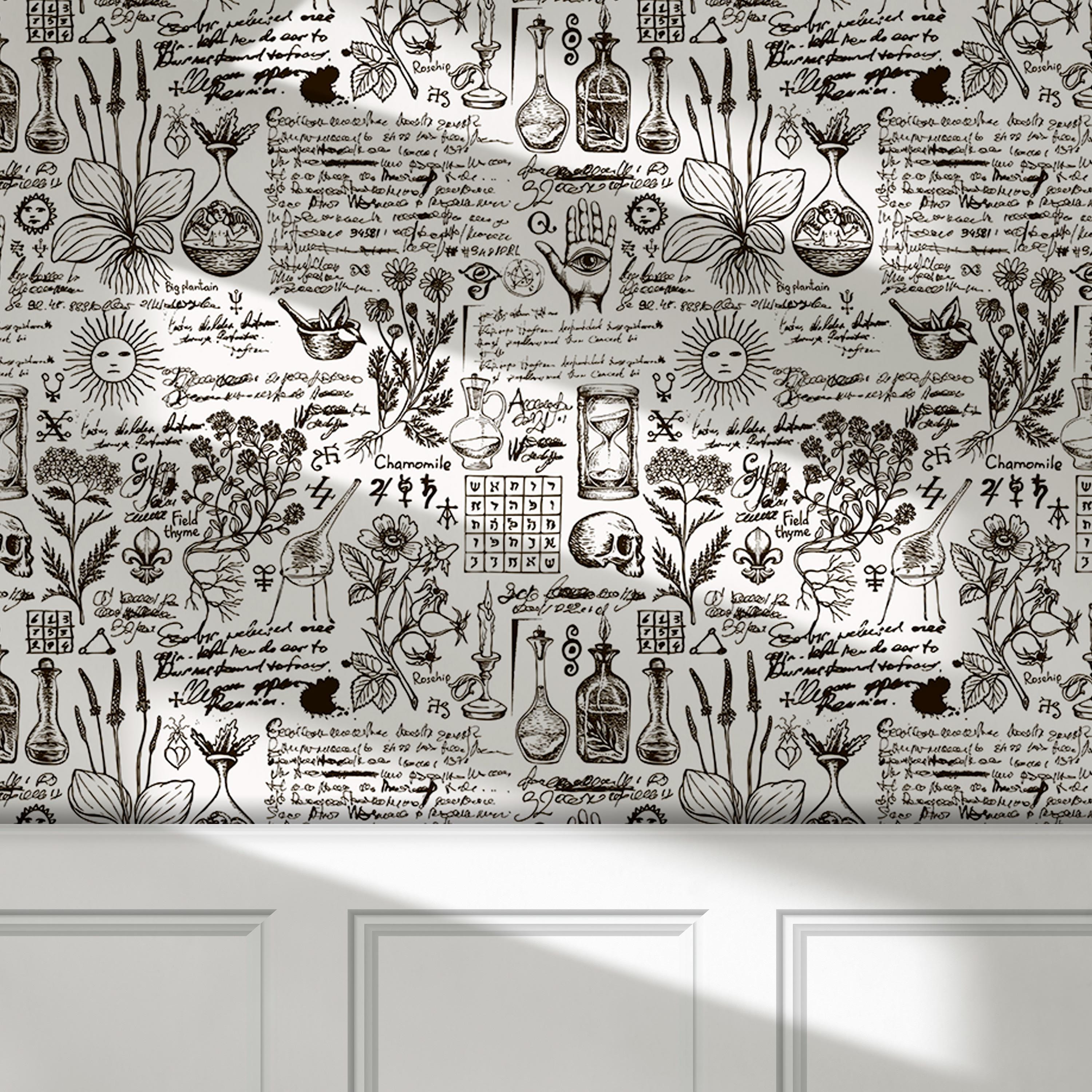 Vintage Alchemy Botanical Wallpaper Pattern Herbal Sketches and Witch ...