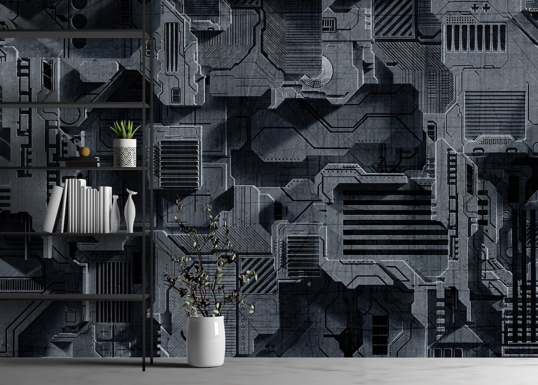 Techno Wall Background Wallpaper Mural Peel and Stick Armored Futuristic Cyber Gate Metal Wall ...