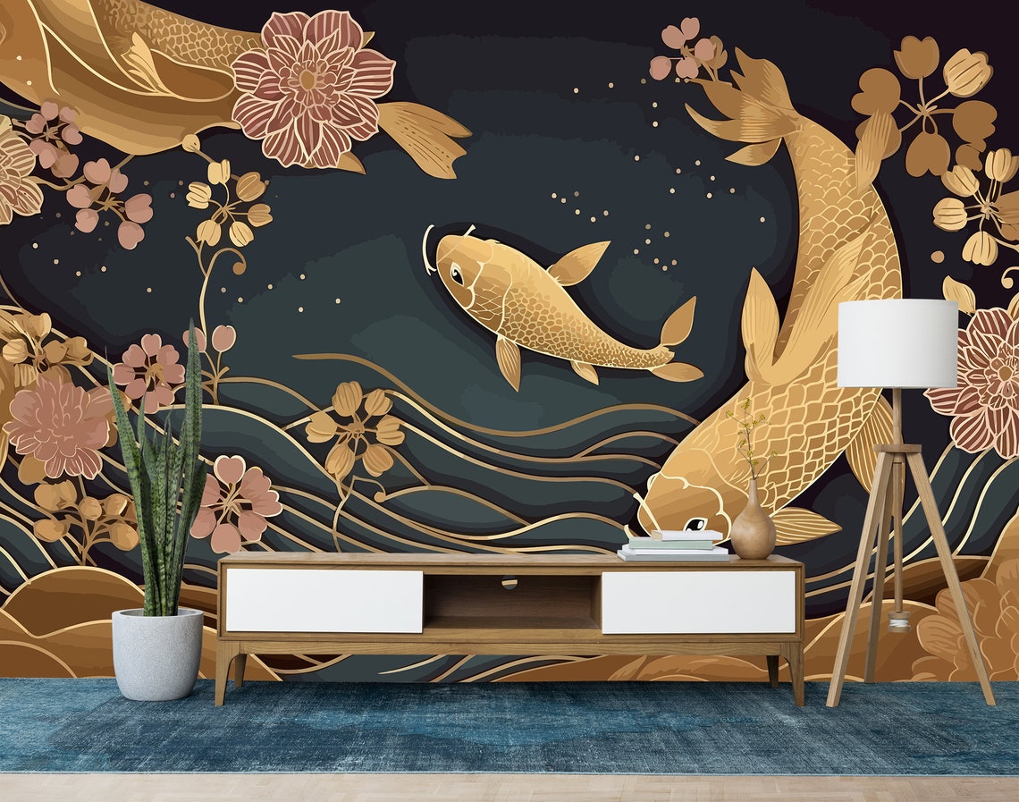 Koi Fish Wallpaper Print Japanese Style Wall Mural Peel and Stick Koi ...