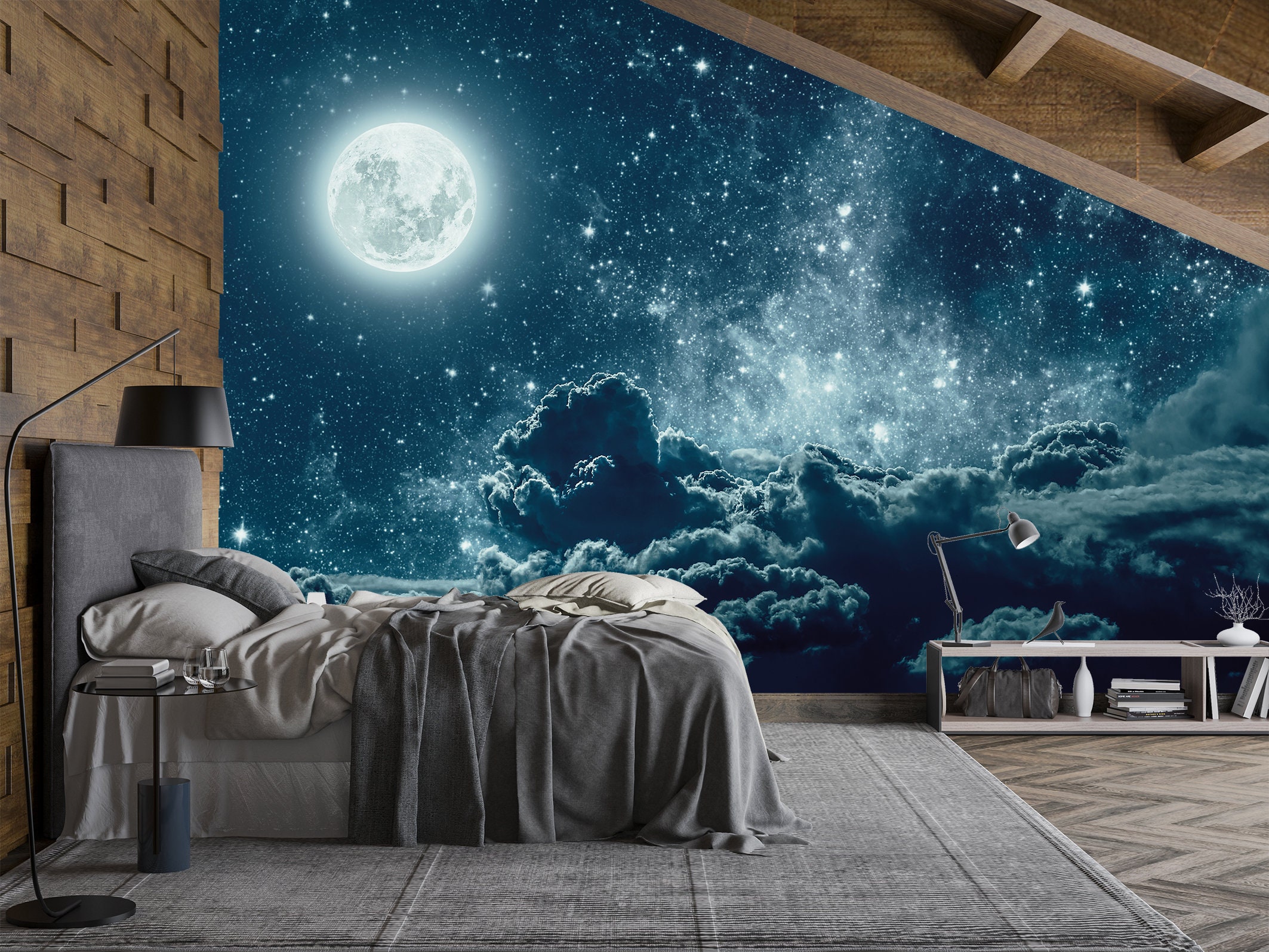Moon With Stars Vinyl Wallpaper Clouds Wall Mural Peel and Stick Print ...