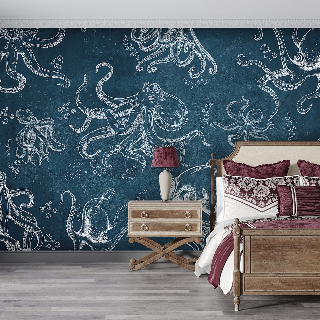 Drawn Octopus Wallpaper: Dark Marine Blue Abstract Ocean Wall Mural ...