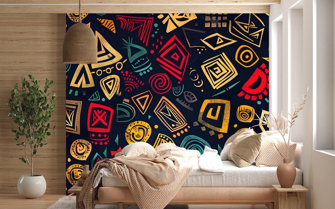 Colorful African Wallpaper Tribal Wall Mural Ethnic Geometric Symbols ...