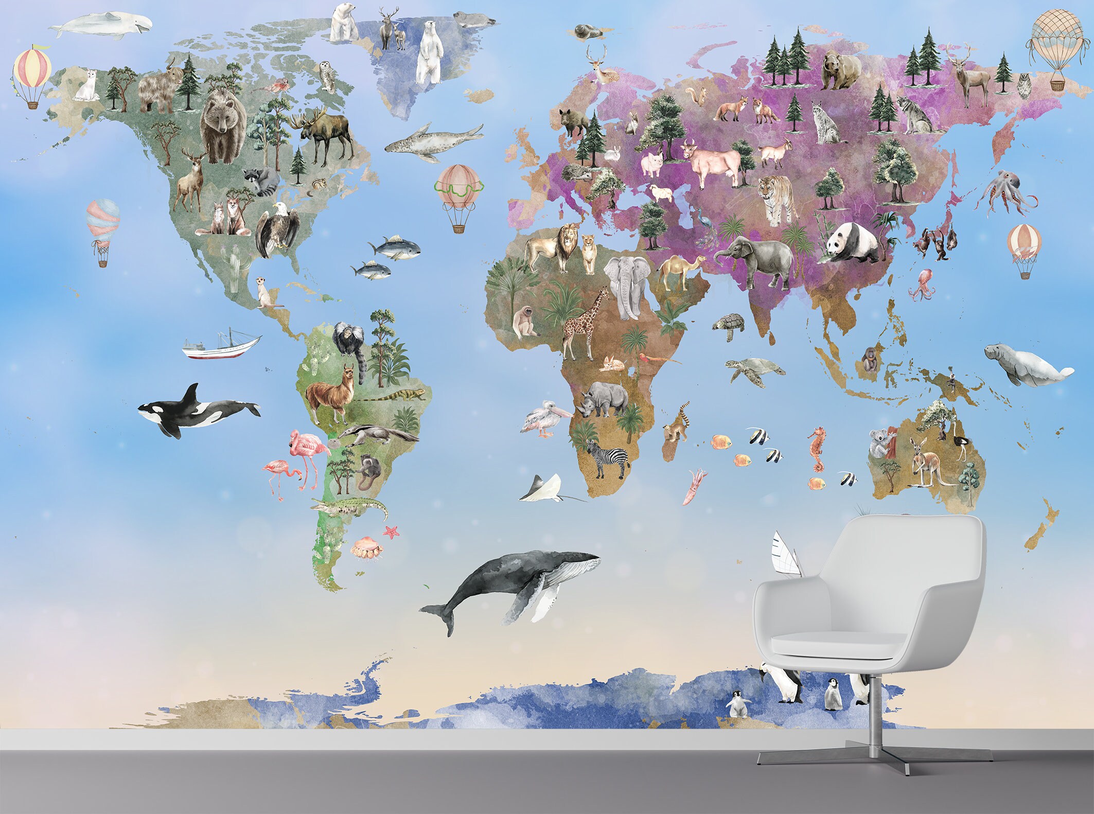 Nursery World Map Baby Wallpaper Kids Room Print Peel and Stick Nursery ...