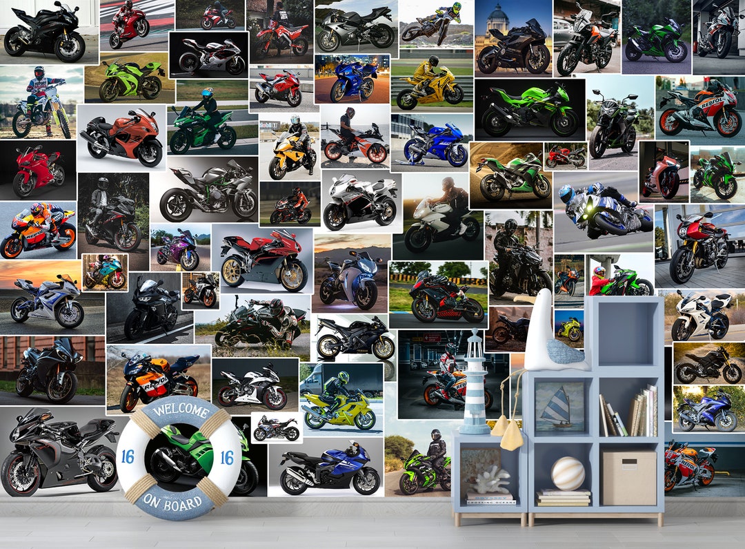 Sports Motorcycles Collage Mural Wallpaper Peel and Stick Gift for Kids ...