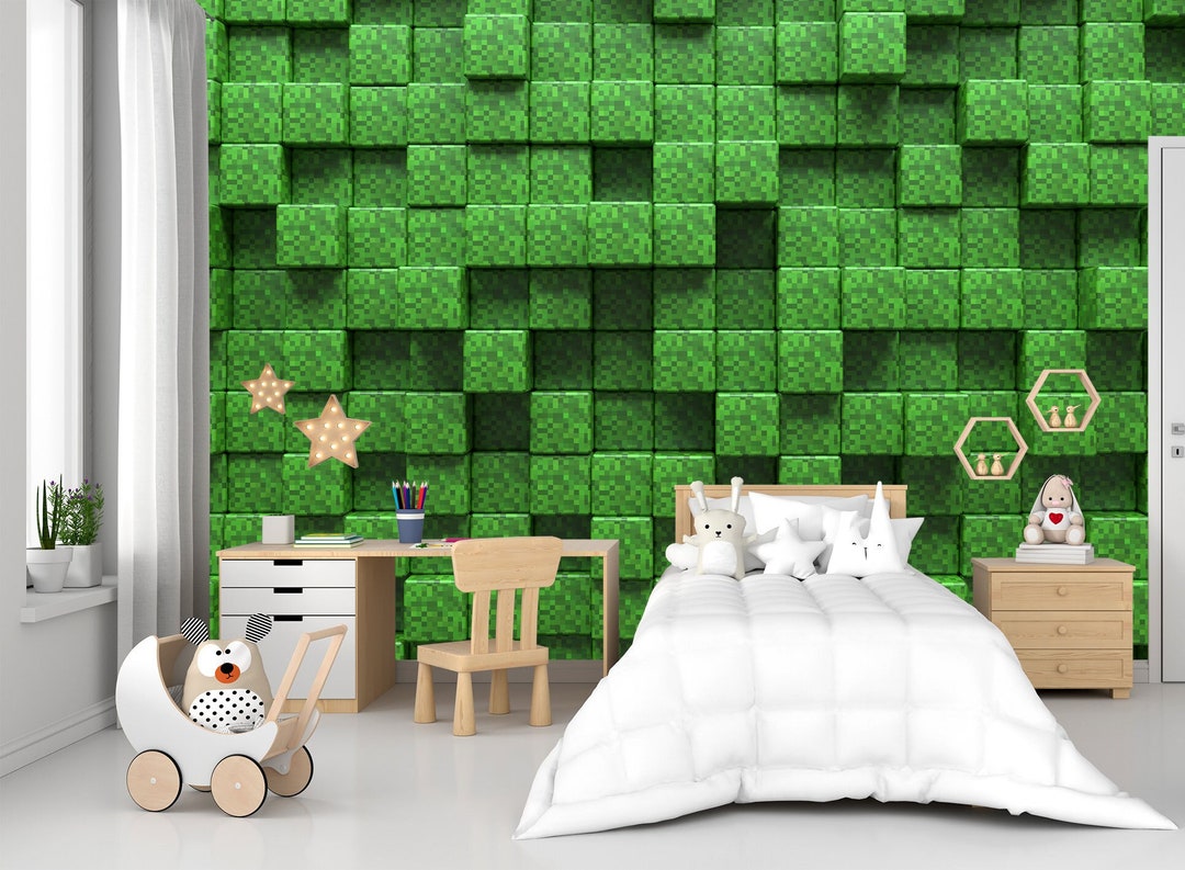 Pixel Gaming Wallpaper Print Peel and Stick Green Cubes Playroom Wall ...