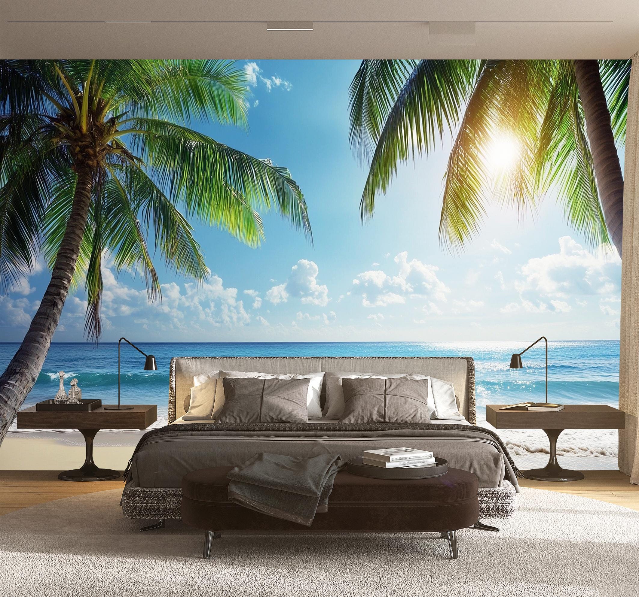 Tropical Beach Wallpaper Ocean View Wall Mural Palm Trees Blue Sea ...