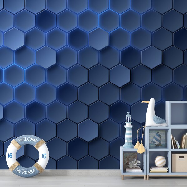Blue Hexagon Wallpaper - Etsy