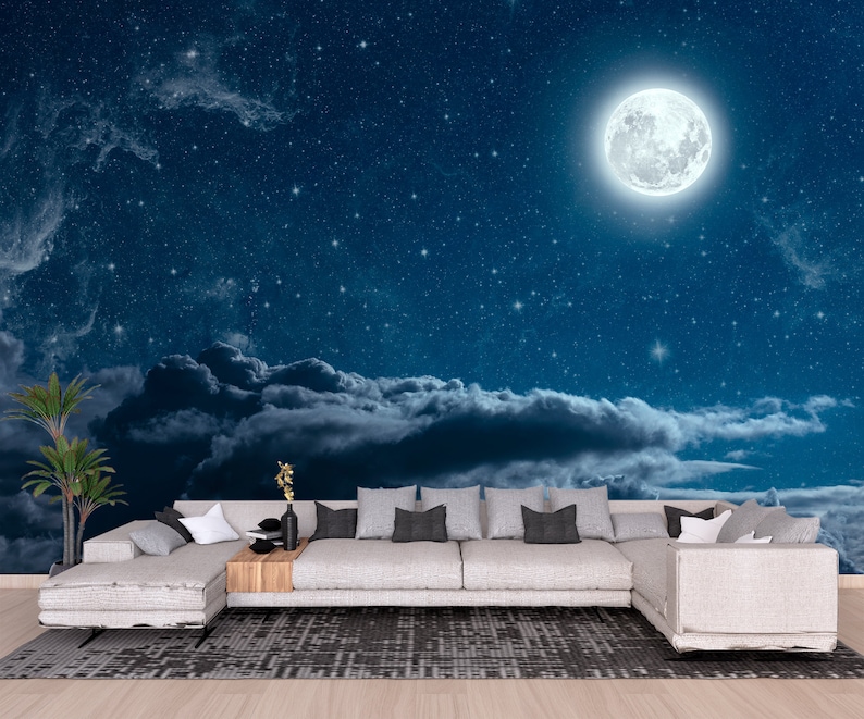 Wall Mural Night Sky With Stars and Clouds Wallpaper Peel and - Etsy