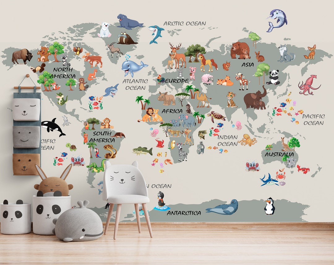 Nursery World Map Baby Room Wallpaper Kids Print Peel and Stick Nursery ...