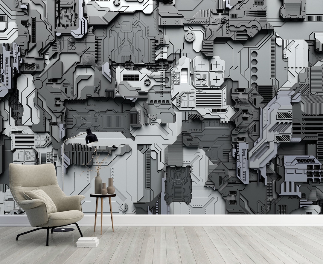 Techno Wall Background Wallpaper Mural Peel and Stick Armored Futuristic Cyber Gate Metal Wall ...