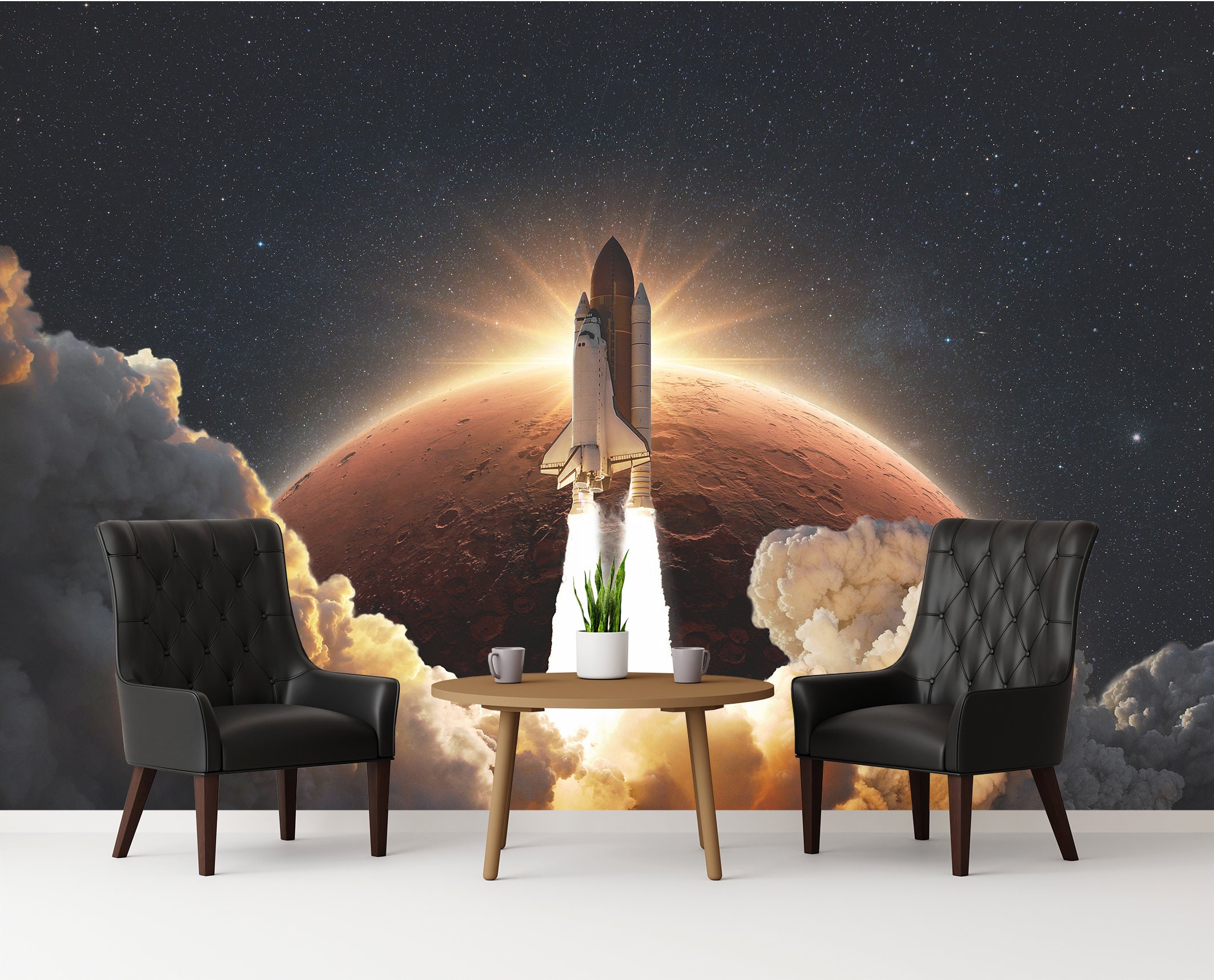 Rocket Mural Print Peel and Stick Planet Mars Stars in Space Wall Decor ...