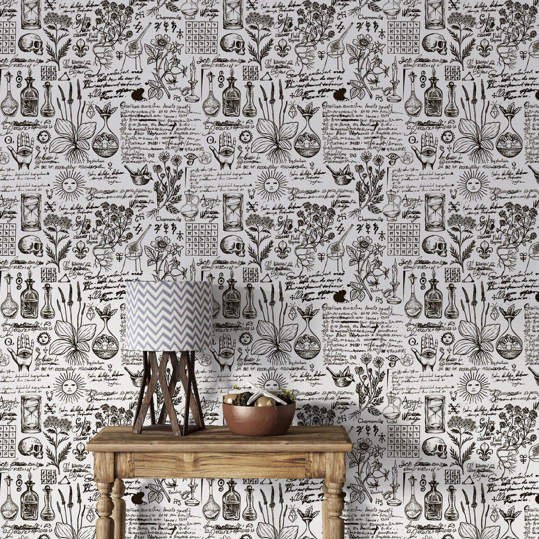 Vintage Alchemy Botanical Wallpaper Pattern Herbal Sketches and Witch ...