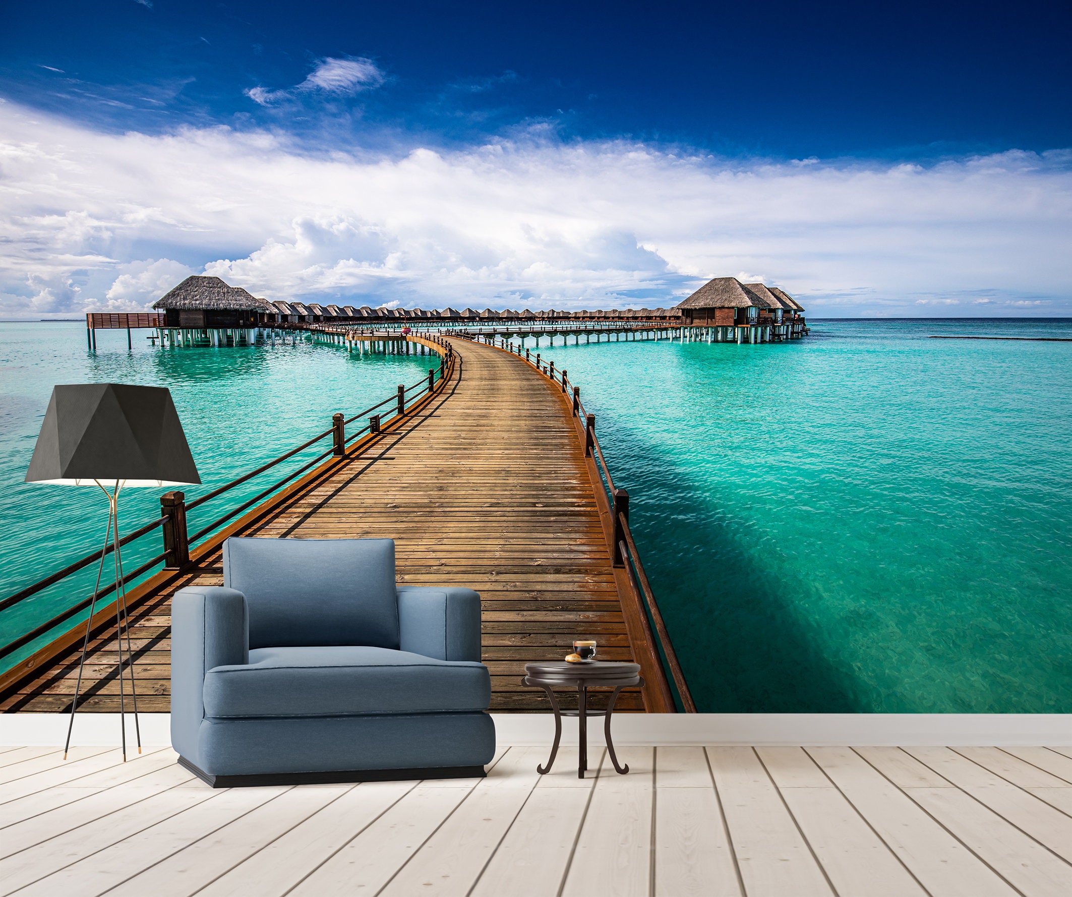 Water Villas Resort Mural Wooden Pier Beautiful Sky and Ocean Lagoon ...