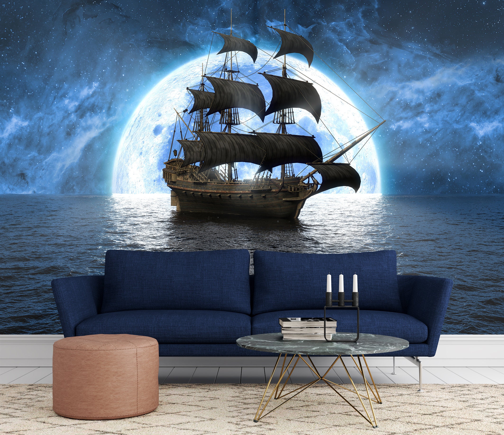 Ship in the Ocean Wall Mural Wall Decor Ship in A Sea Wall Art Peel and ...