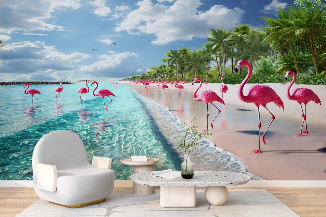 Tropical Flamingo Wallpaper Wall Mural Vibrant Pink Flamingos Beach ...