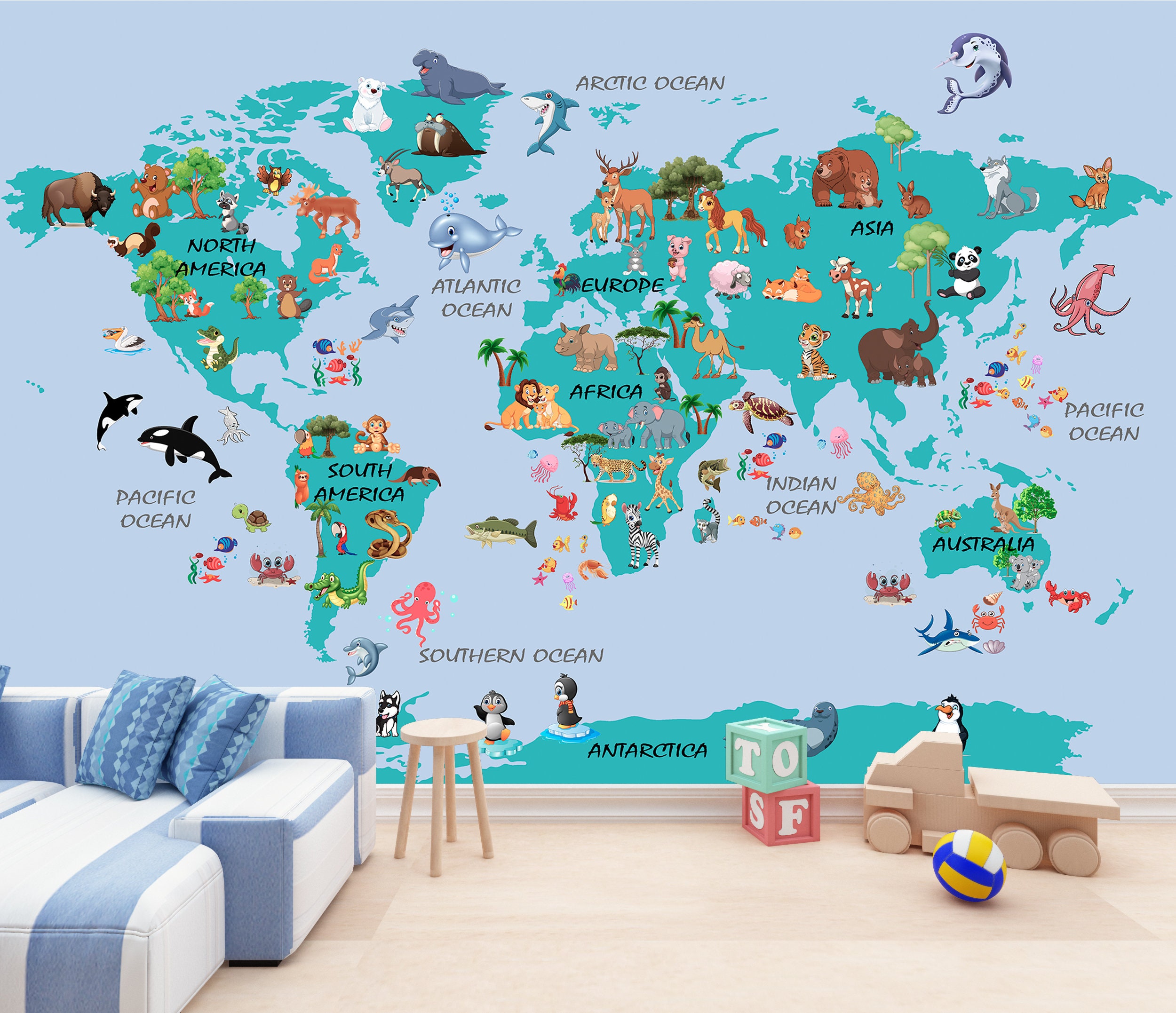 Nursery World Map Green Gray Wallpaper Kids Print Peel and Stick ...