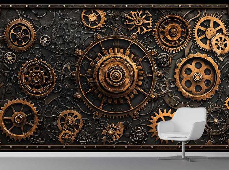 Steampunk Gear Wallpaper Mural Peel & Stick Industrial Metal Cogs Wall ...