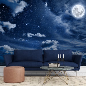Night Sky Stars Mural, Moon Print Wallpaper, Peel and Stick - Etsy