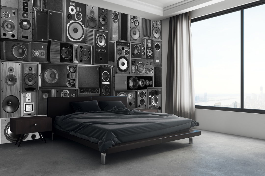 BW Music Speakers Wallpaper Textured Peel and Stick Retro Stereo System ...